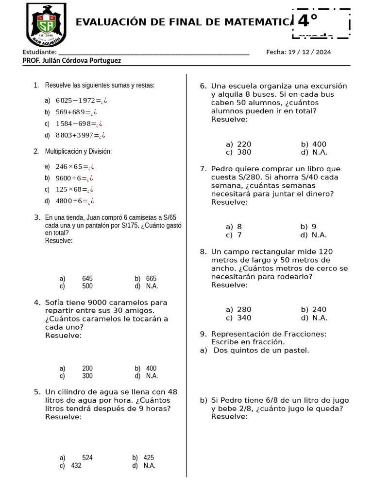 EXAMEN Final Cuarto - MATEMATICA | PDF