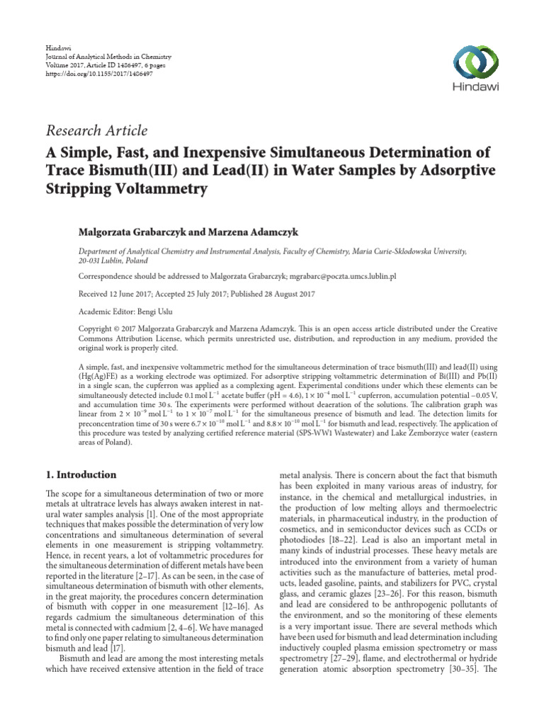 A Simple Fast And Inexpensive Simultaneous Determination Of Trace Bismuth Iii And Lead Ii