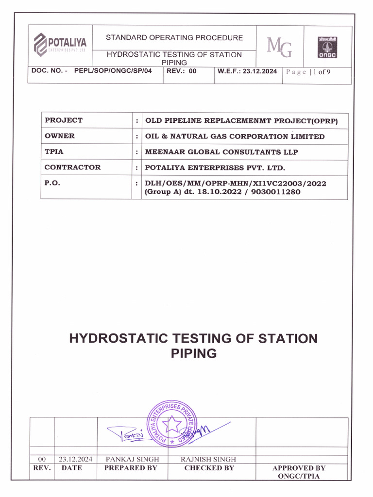 Ag Piping Hydrostatic Testing Procedure | PDF