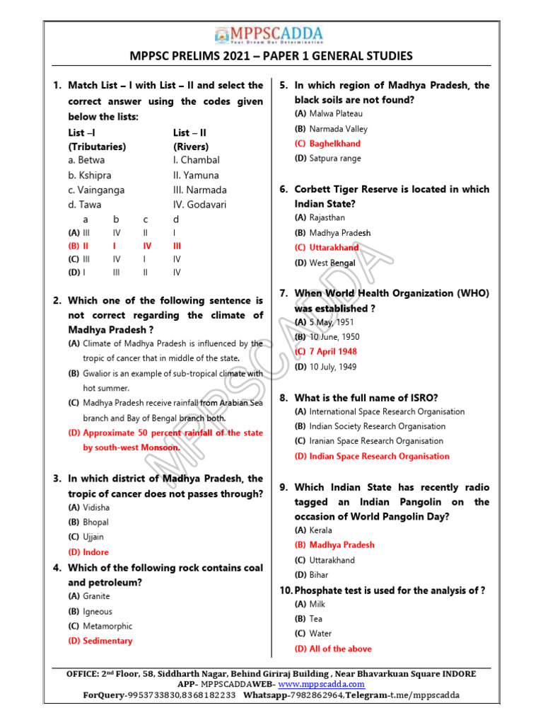 MPPSC Prelims 2021 General Studies Paper | PDF