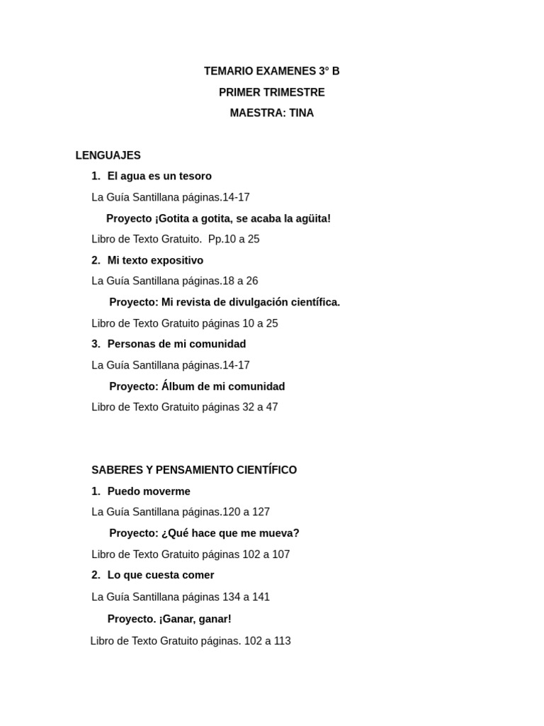 Temario Examenes 3° B Primer Trimestre | PDF