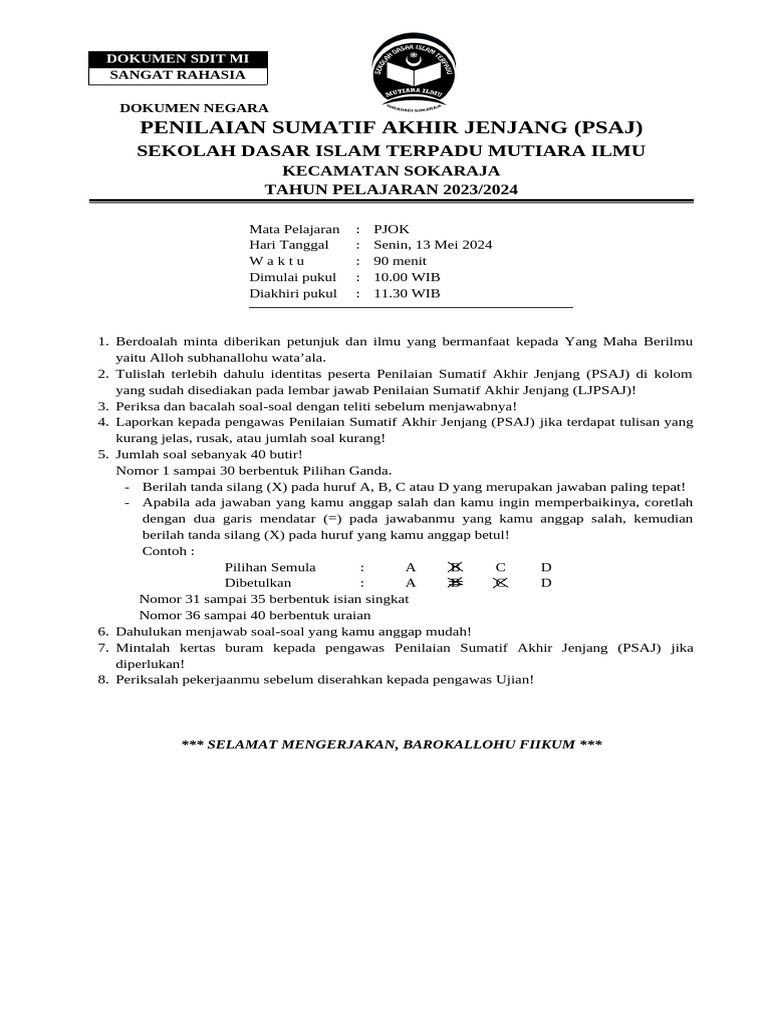 Soal Psaj Pjok 2023-2024 SD It Mutiara Ilmu | PDF