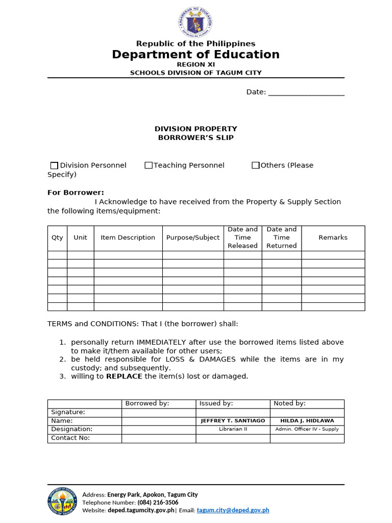 Borrower's Slip Template | PDF