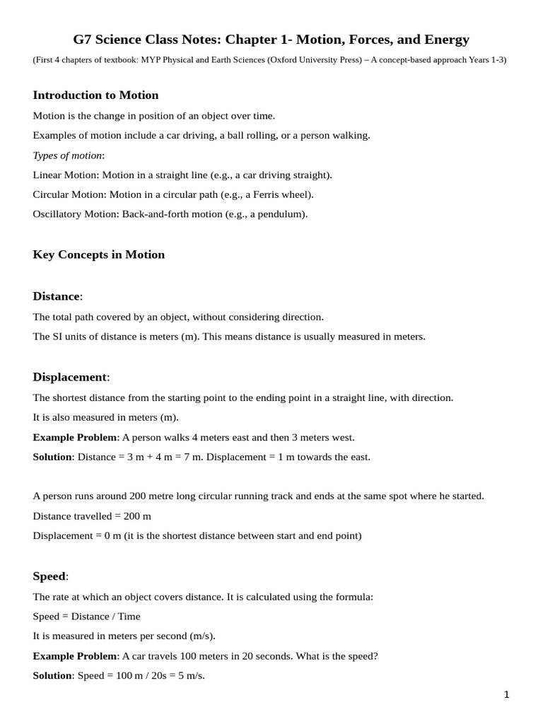 G7 Science Class Notes Chapter 1 Motion, Forces and Energy | PDF ...
