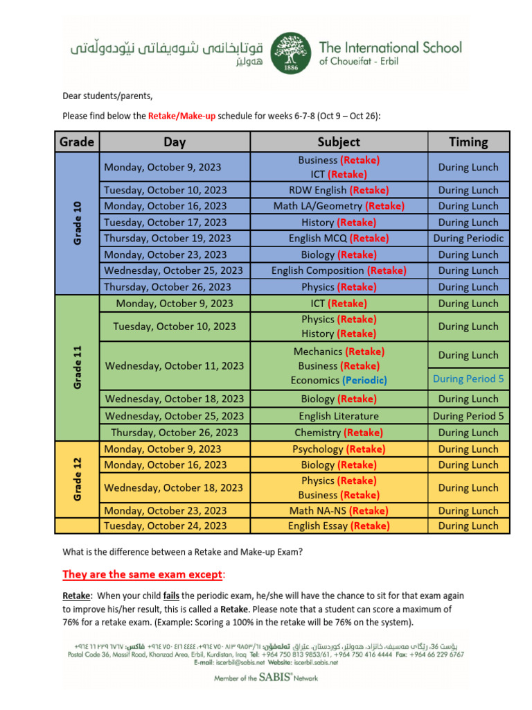 2324-Week 6-7-8 Retake-Make-up Schedule GR 10-12 | PDF | Educational Stages