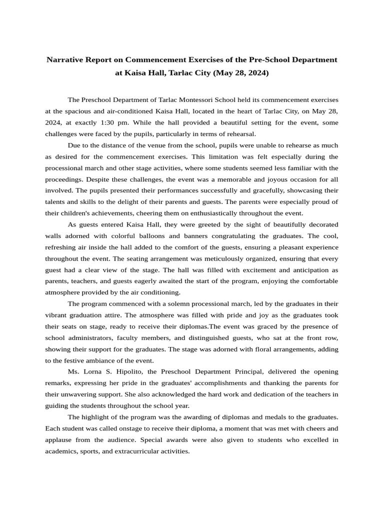 Narrative Report - Commencement Exercises-PRE SCHOOL DEPARTMENT) | PDF