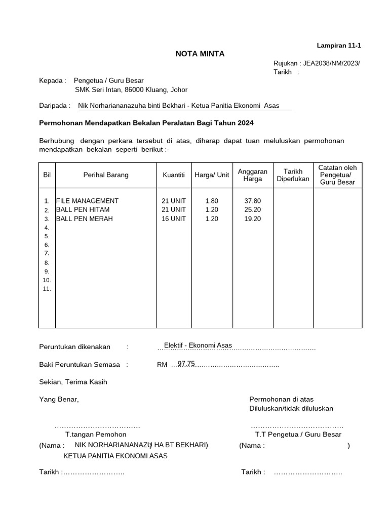 NOTA MINTA 2024 (PANTIA EKONOMI) | PDF