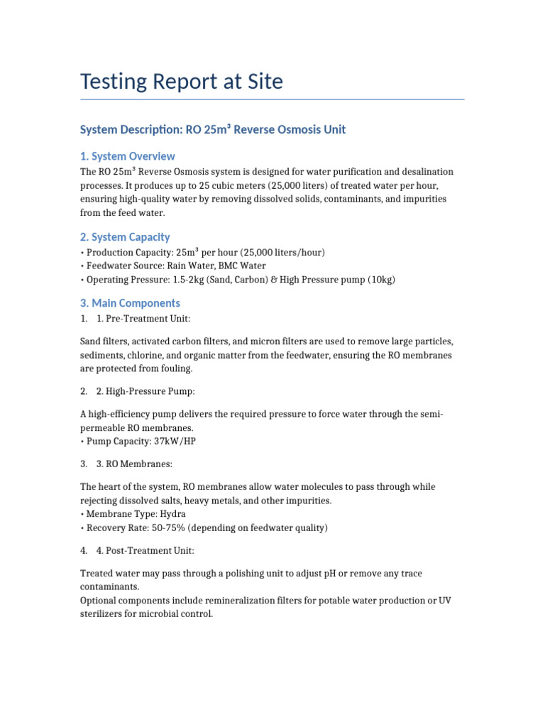 Testing Report at Site New | PDF | Membrane | Water Purification