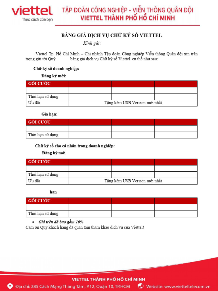 BẢNG BÁO GIÁ DỊCH VỤ CHỮ KÝ SỐ VIETTEL | PDF