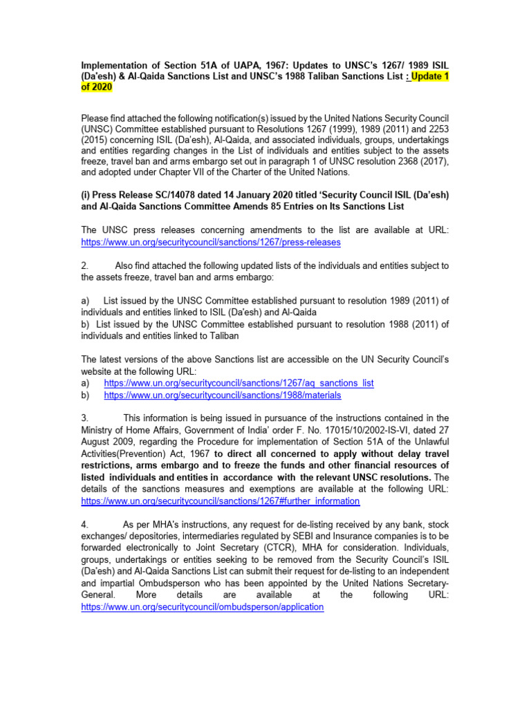 UNSC Sanctions List Update 2020 | PDF | International Relations | Government