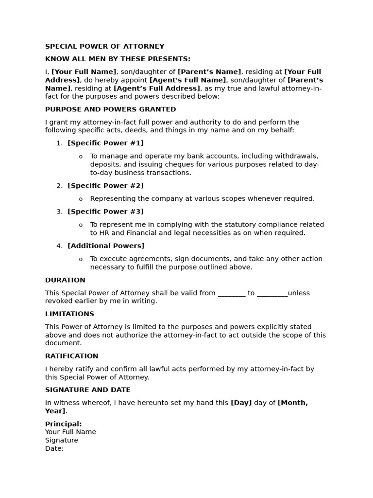 SPECIAL POWER OF ATTORNEY - Draft | PDF