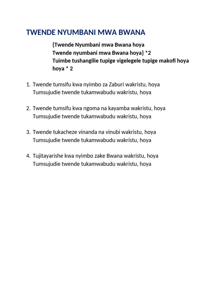 Twende Nyumbani Mwa Bwana | PDF