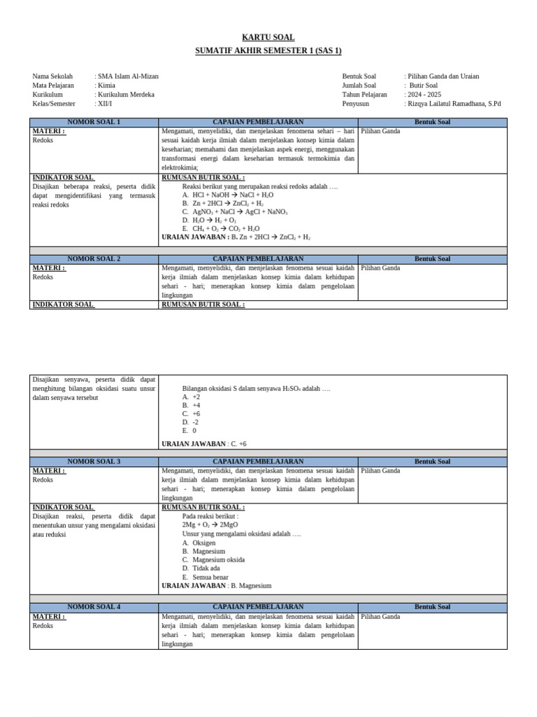 KARTU SOAL KIM XII SAS | PDF