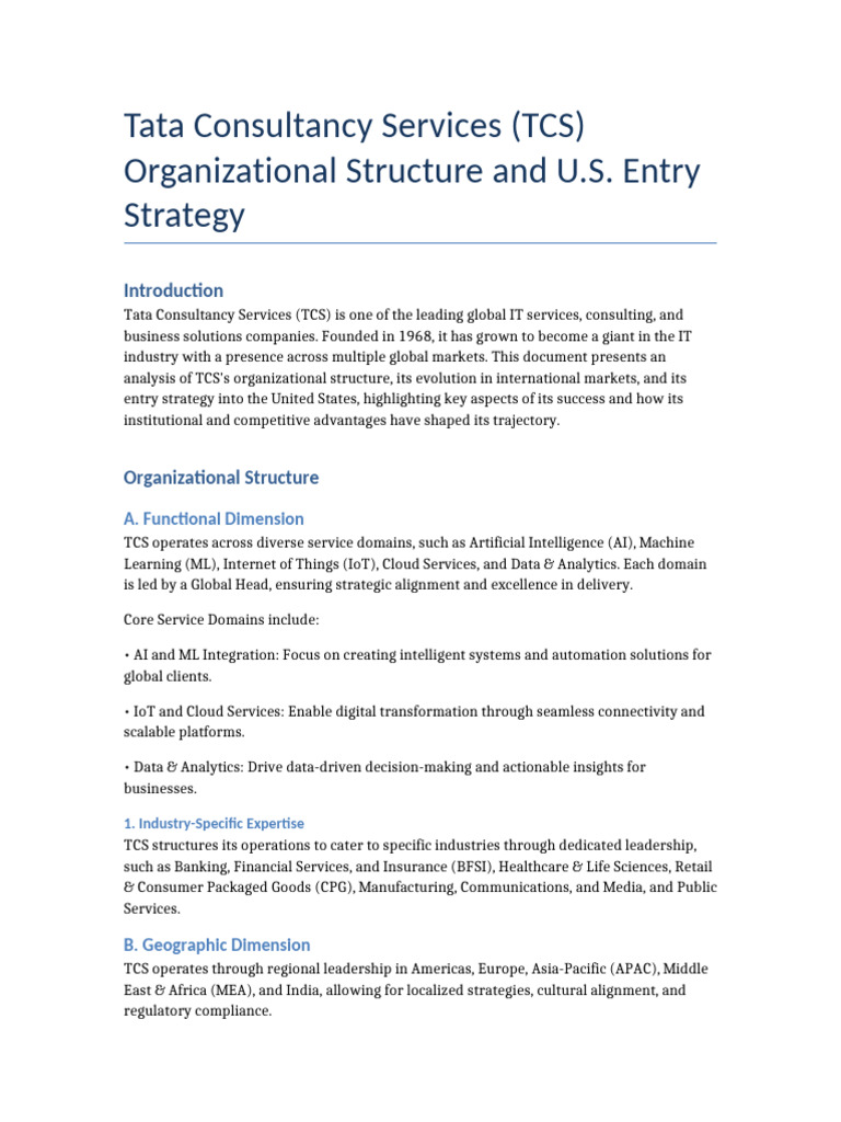 TCS Organizational Structure and US Entry Strategy Full Document | PDF ...