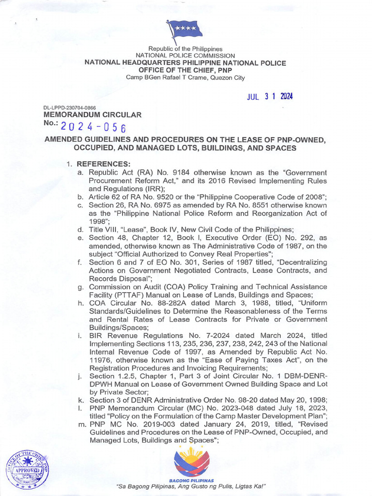 PNP MC No. 2024 056 Amended Guidelines and Procedures On Lease of PNP ...