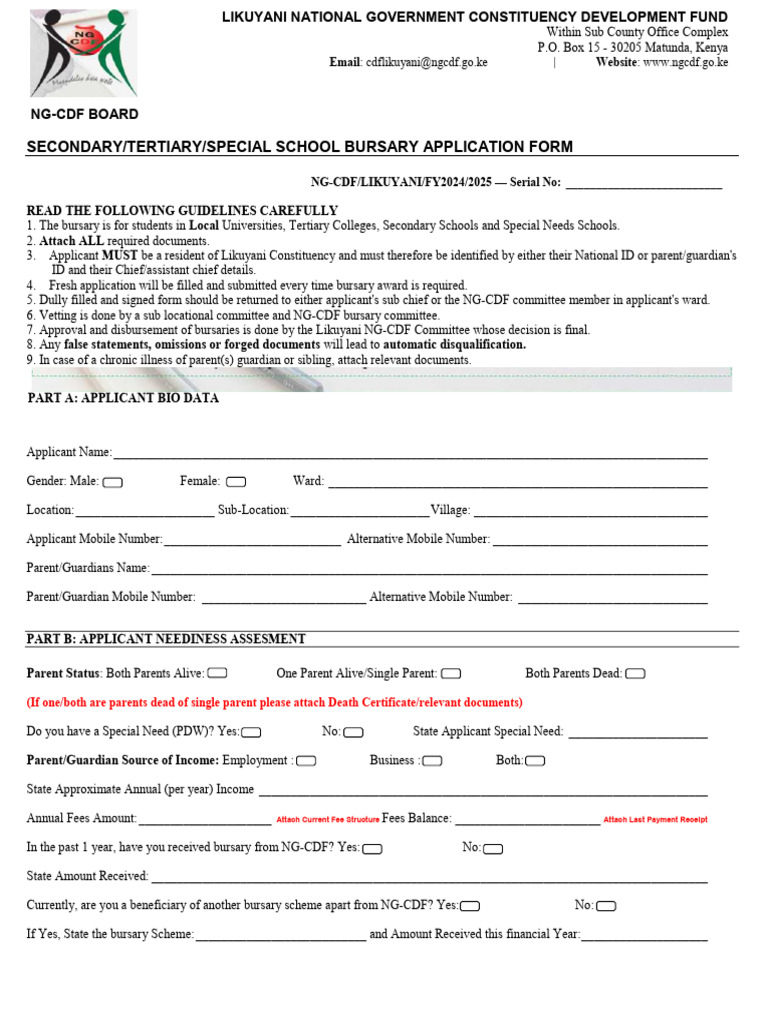 Likuyani Bursary Application 2025 | PDF