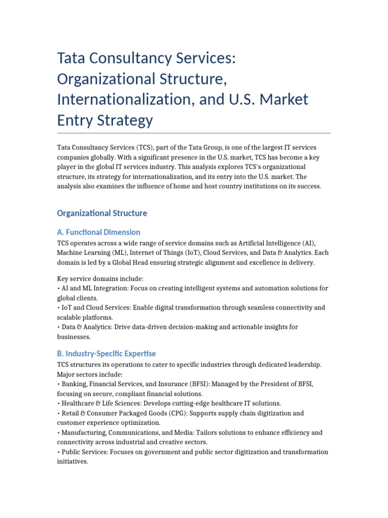 TCS Organizational Structure and U.S Entry Strategy | PDF | Internet Of ...
