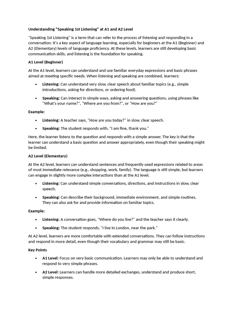SPEAKING 1ST Istening at A1 & A2 LEVEL | PDF | Learning | Question