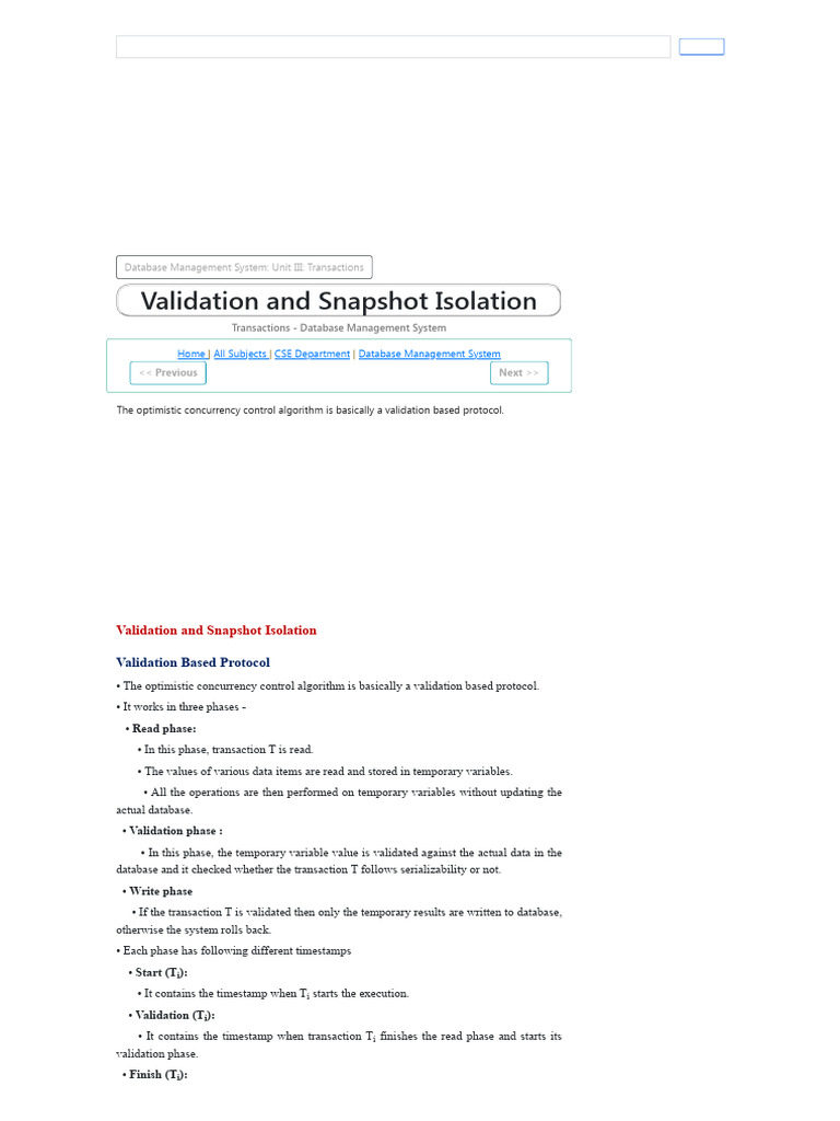 13 Validation And Snapshot Isolation Transactions Database Management System Pdf 