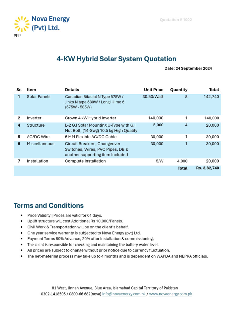 4-KW Hybrid Quotation Nova Energy | PDF | Power Inverter | Electrical ...