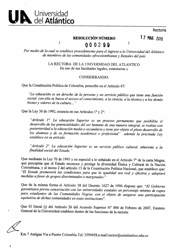 Resolución Rectoral 000299 Inscripción para Afrocolomb | PDF