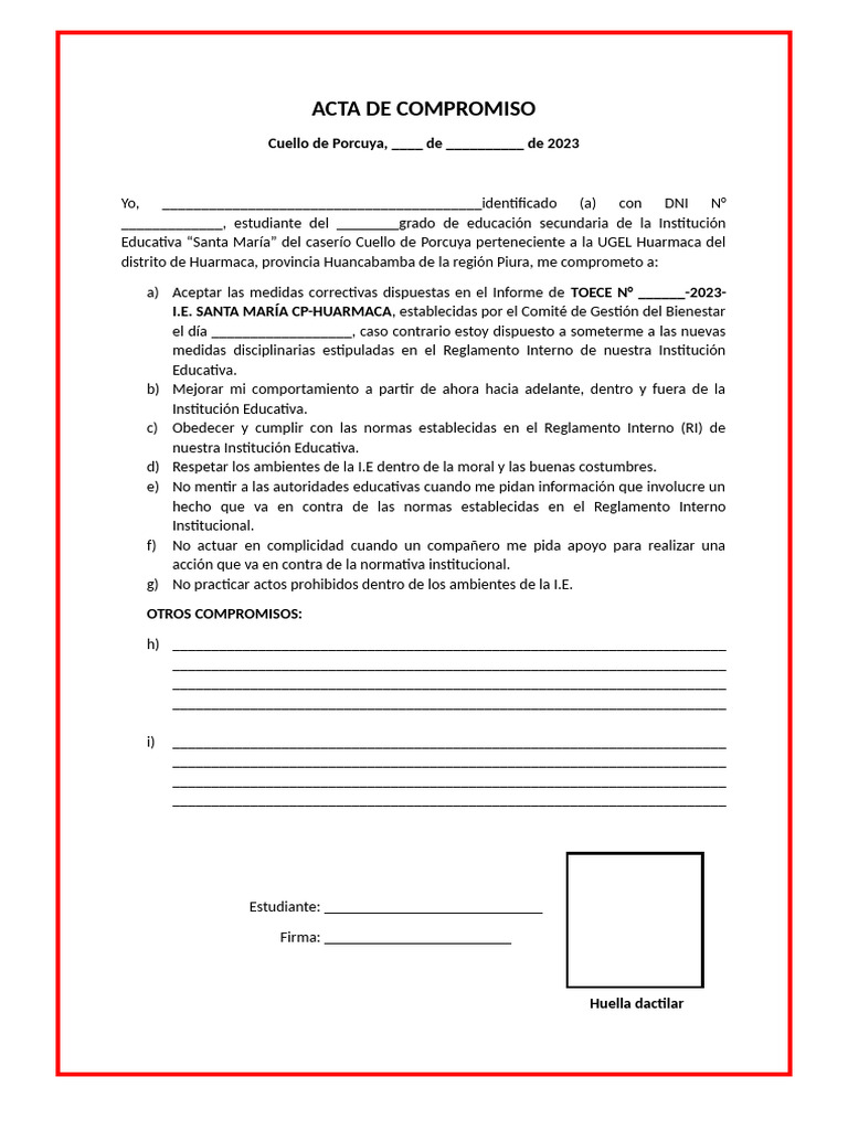 Acta de Compromiso Del Estudiante | PDF