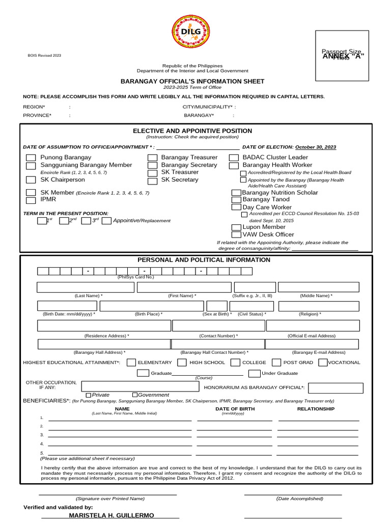 Template Annex A BOIS Form Revised 2023 | PDF