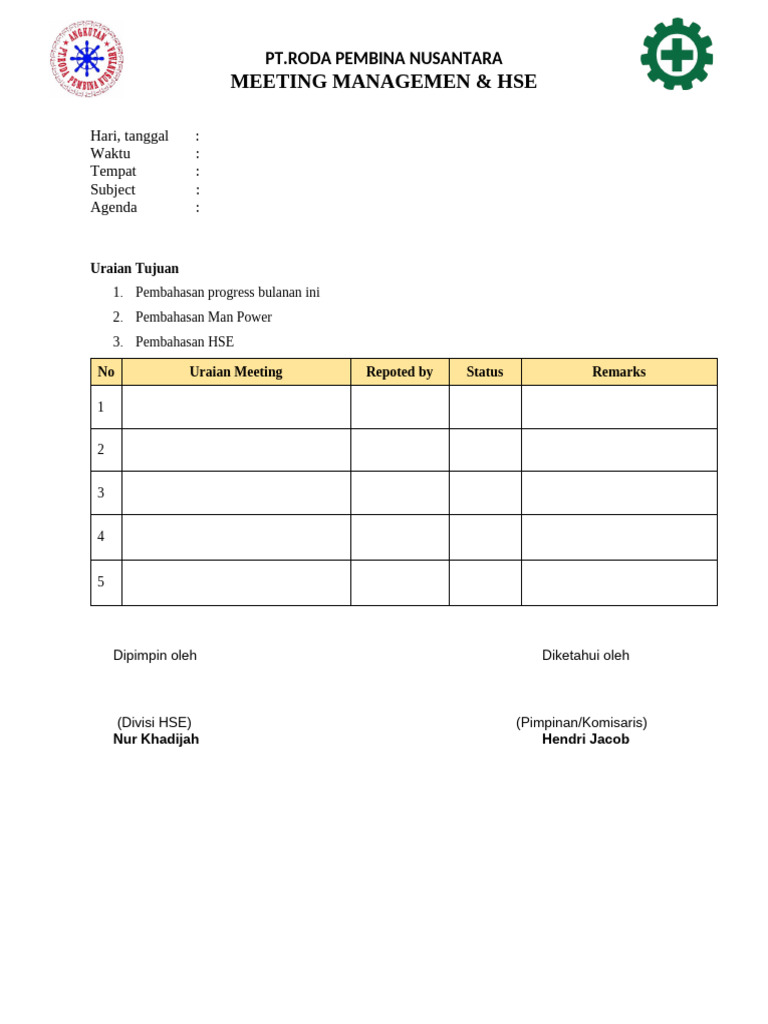 Rapat Manajemen HSE PT Roda Pembina | PDF