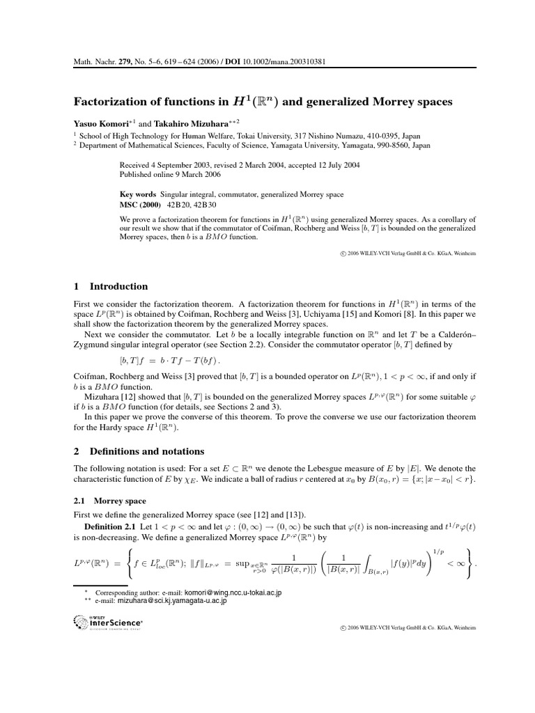 Mathematische Nachrichten - 2006 - Komori - Factorization of Functions in H 1 N and Generalized ...