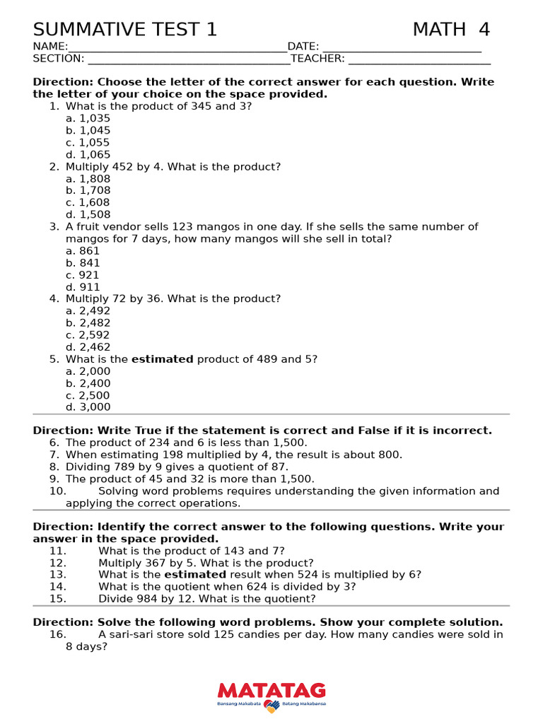 MATH 4 SUMMATIVE 01 | PDF | Cognition