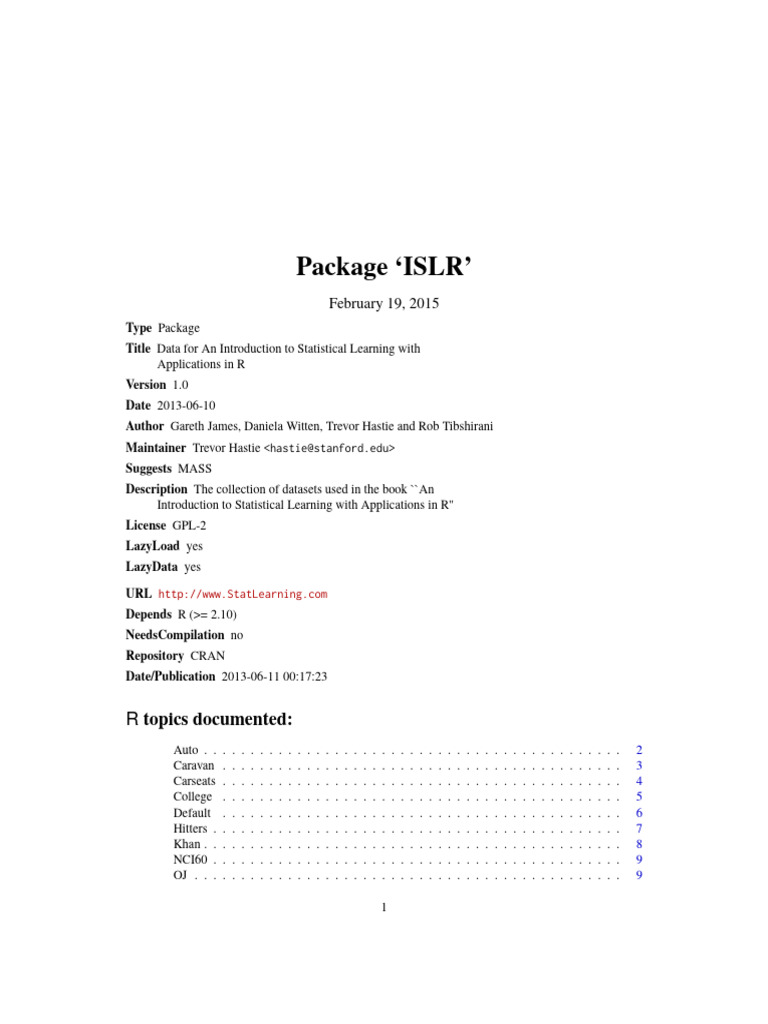 ISLR Package R Intro Stats Learning in R | PDF | Statistics | Data