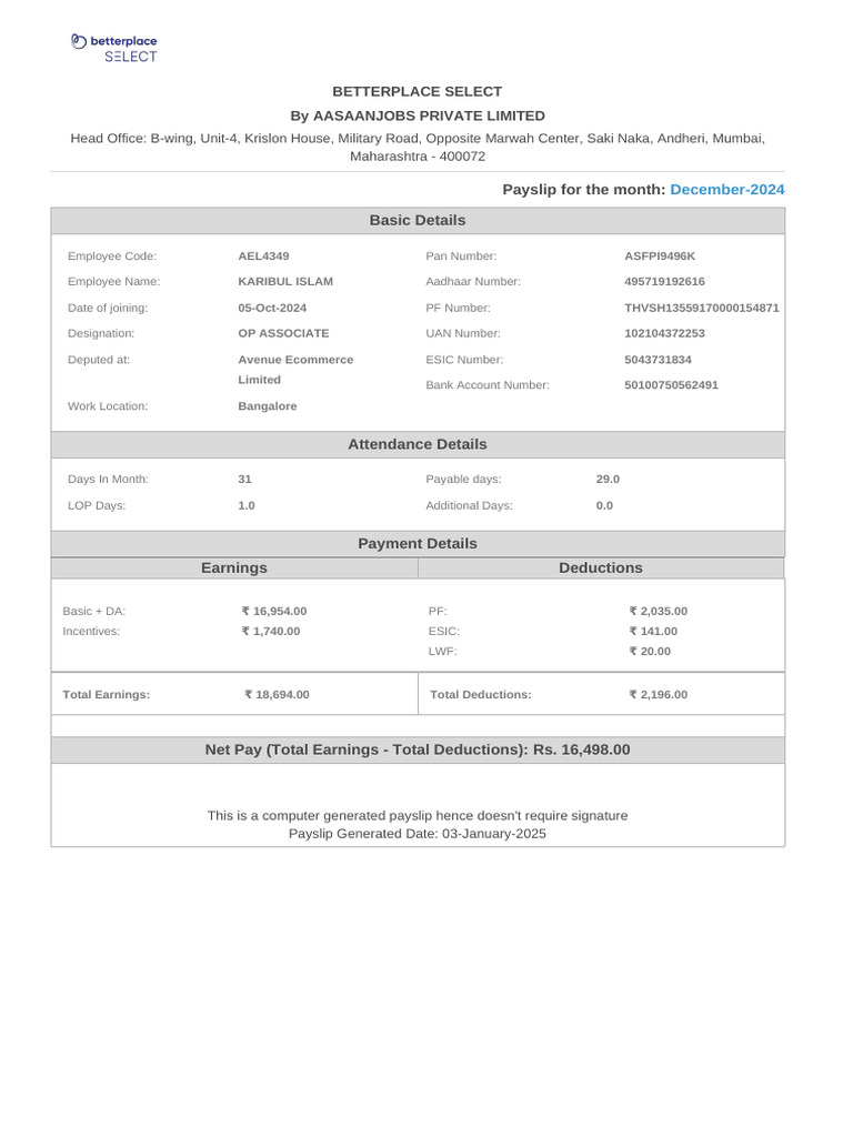 Payslip December-2024 | PDF
