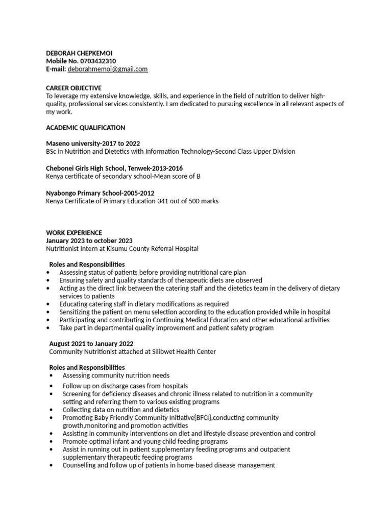 RESUME | PDF | Dietitian | Health Care