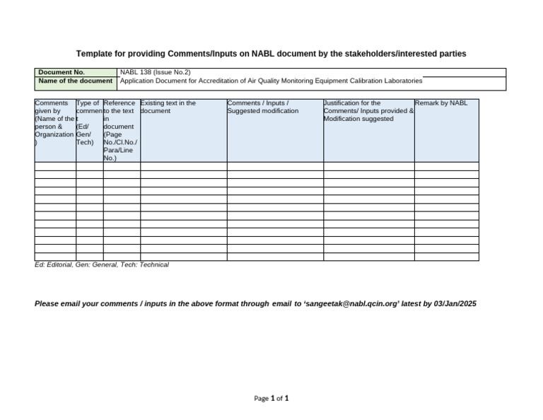 Template For Comments On NABL Document | PDF