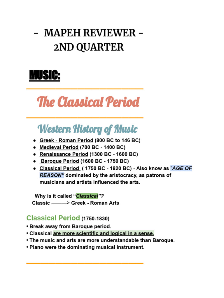 MAPEH REVIEWER | PDF | Classical Period (Music) | Michelangelo