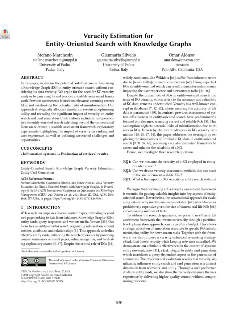Veracity Estimation for Entity-Oriented Search with Knowledge Graphs | PDF | Stratified Sampling ...