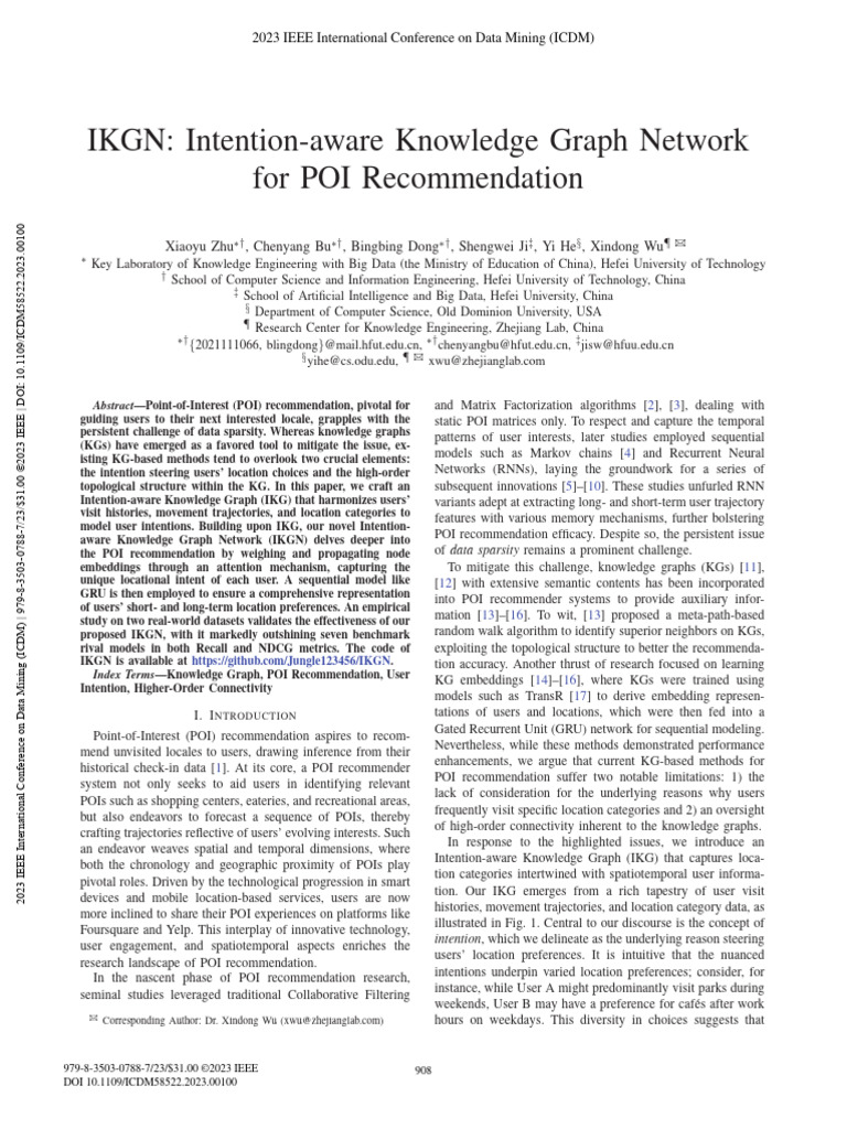 IKGN Intention-Aware Knowledge Graph Network For POI Recommendation | PDF