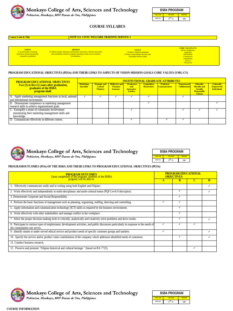 BSBA Program NSTP 111 Course Overview | PDF | Educational Assessment