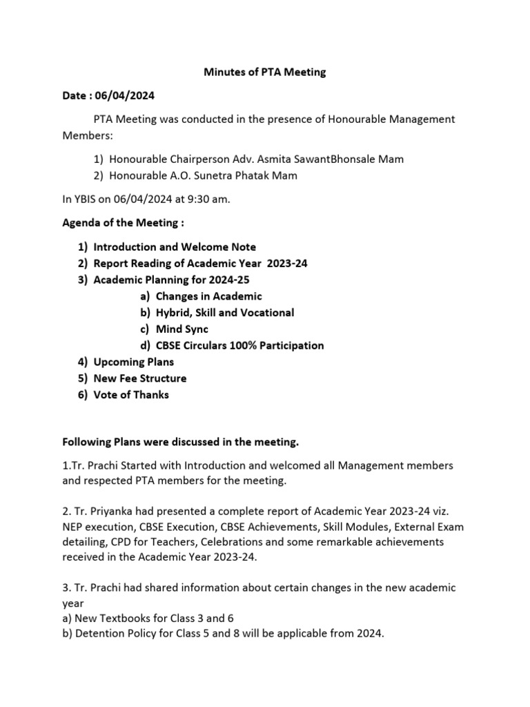 Minutes of PTA Meeting | PDF