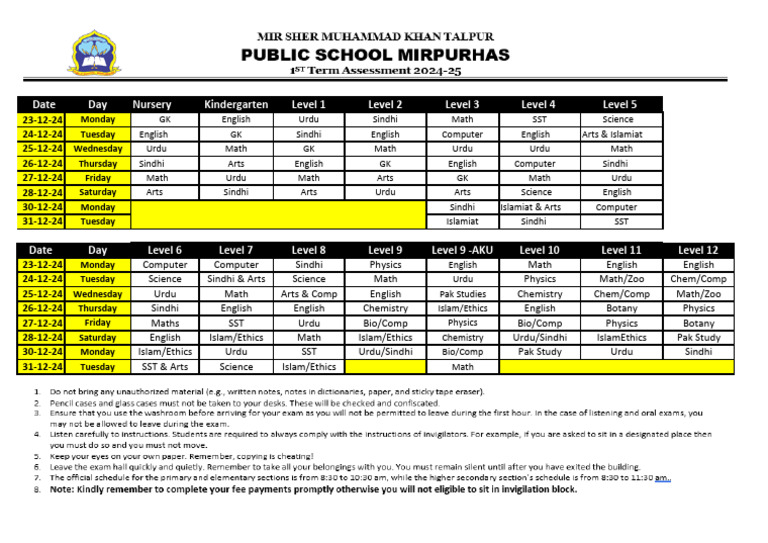 1st Term Assessment Timetable | PDF