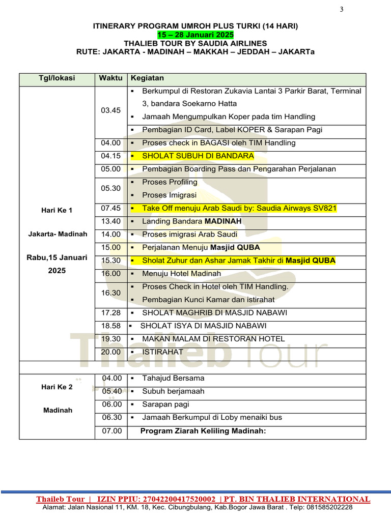 Itinerary Umroh Plus Turki 2025 | PDF