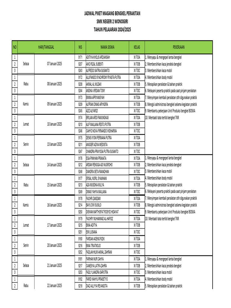 Jadwal Magang Bengkel Genap Perakitan 2025 | PDF
