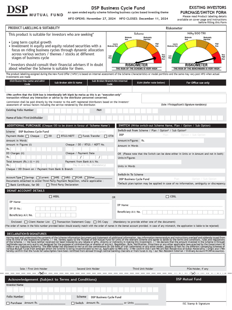 DSP Business Cycle Fund - Application - Form | PDF | Cheque | Banks