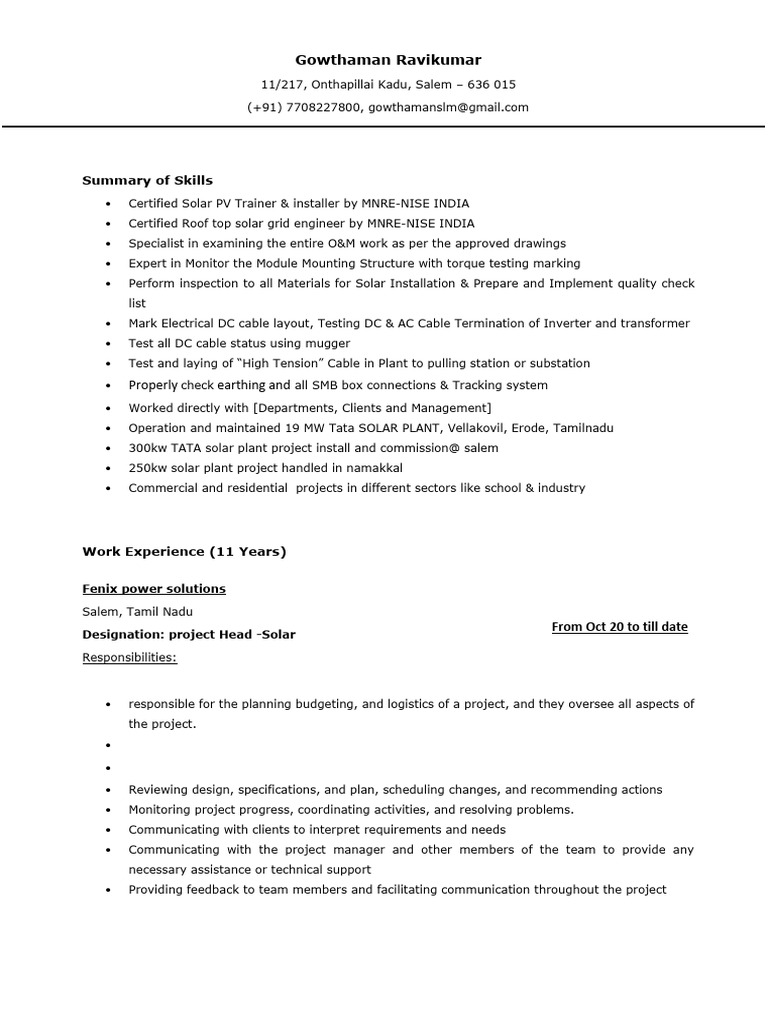 Gowthaman Ravikumar Resume | PDF | Photovoltaic System | Photovoltaics