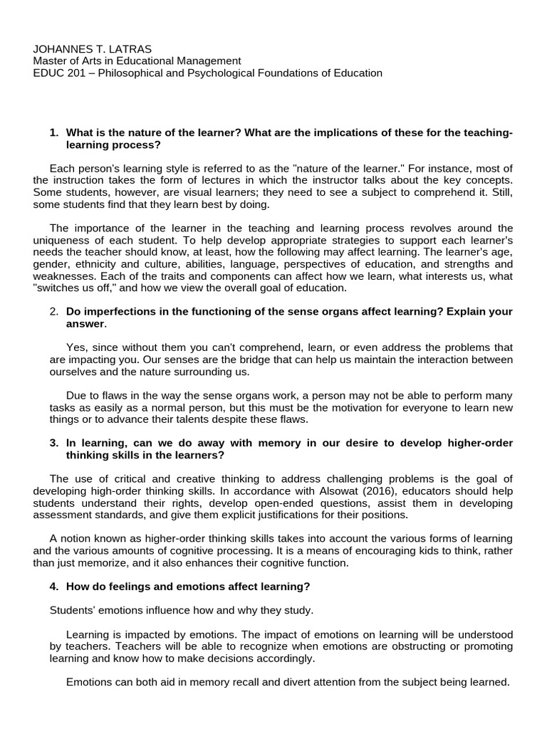 AT4_ESSAY_NATURE OF LEARNER | PDF | Learning | Emotions