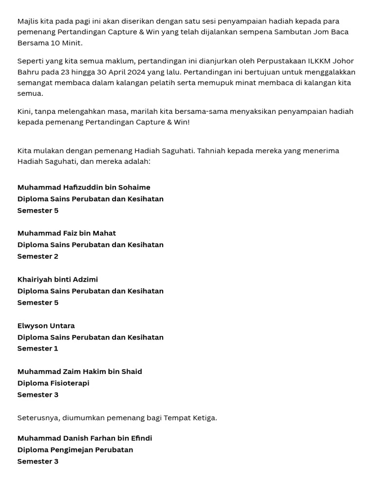 Teks Penyampaian Hadiah Pemenang | PDF