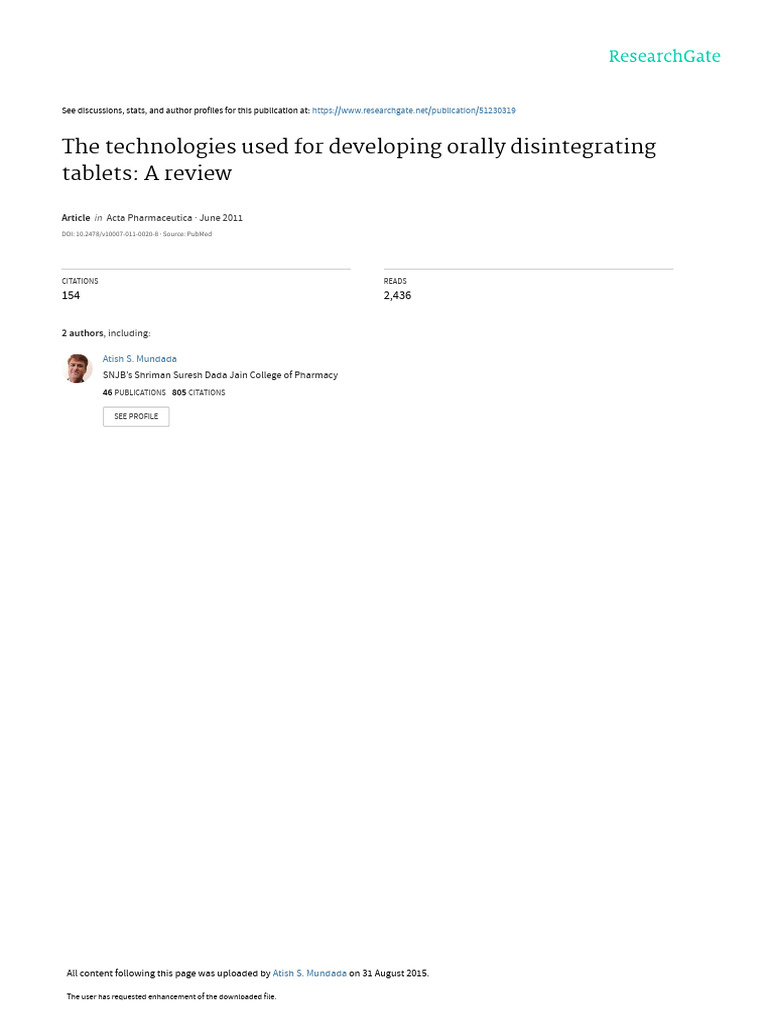 The Technologies Used For Developing Orally Disint | PDF | Tablet ...