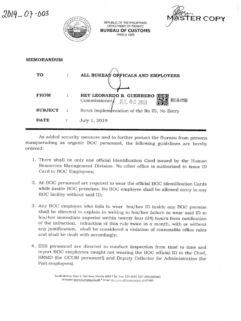 Mem-2019-07-003-Strict Implementation of The No ID No Entry | PDF