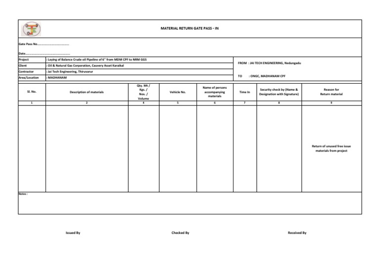 Material Return Gate Pass Format | PDF | Fuels | Chemical Process ...