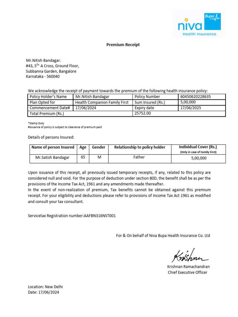 Niva Bupa Premium Receipt Document | PDF
